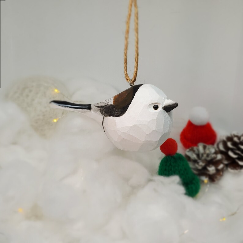 Long-tailed Tit Hanging Christmas Ornaments Wooden Hand Carved Painted ...