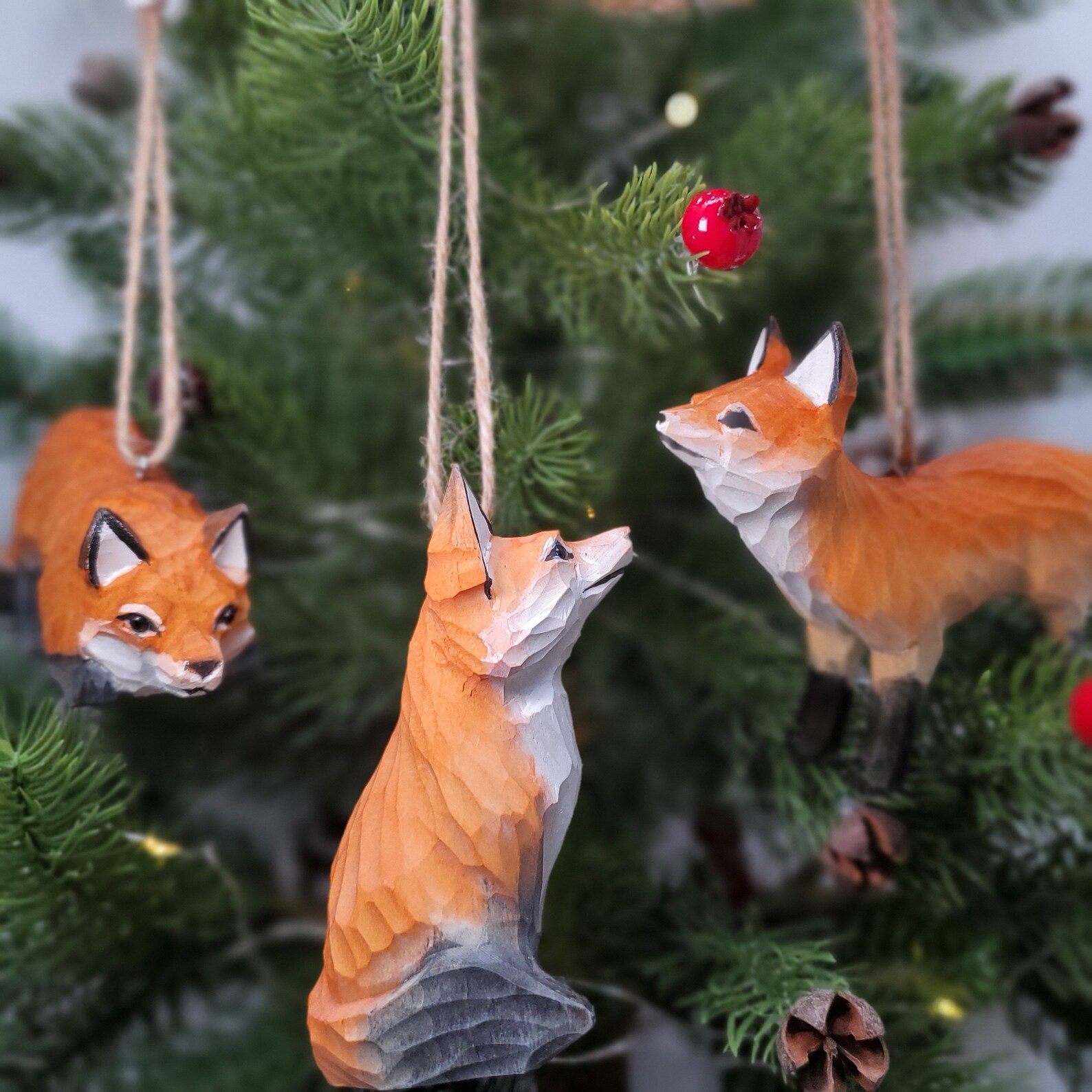 Fox Figurines Hand Carved Painted Wooden Animal Home Decor Sculpture ...