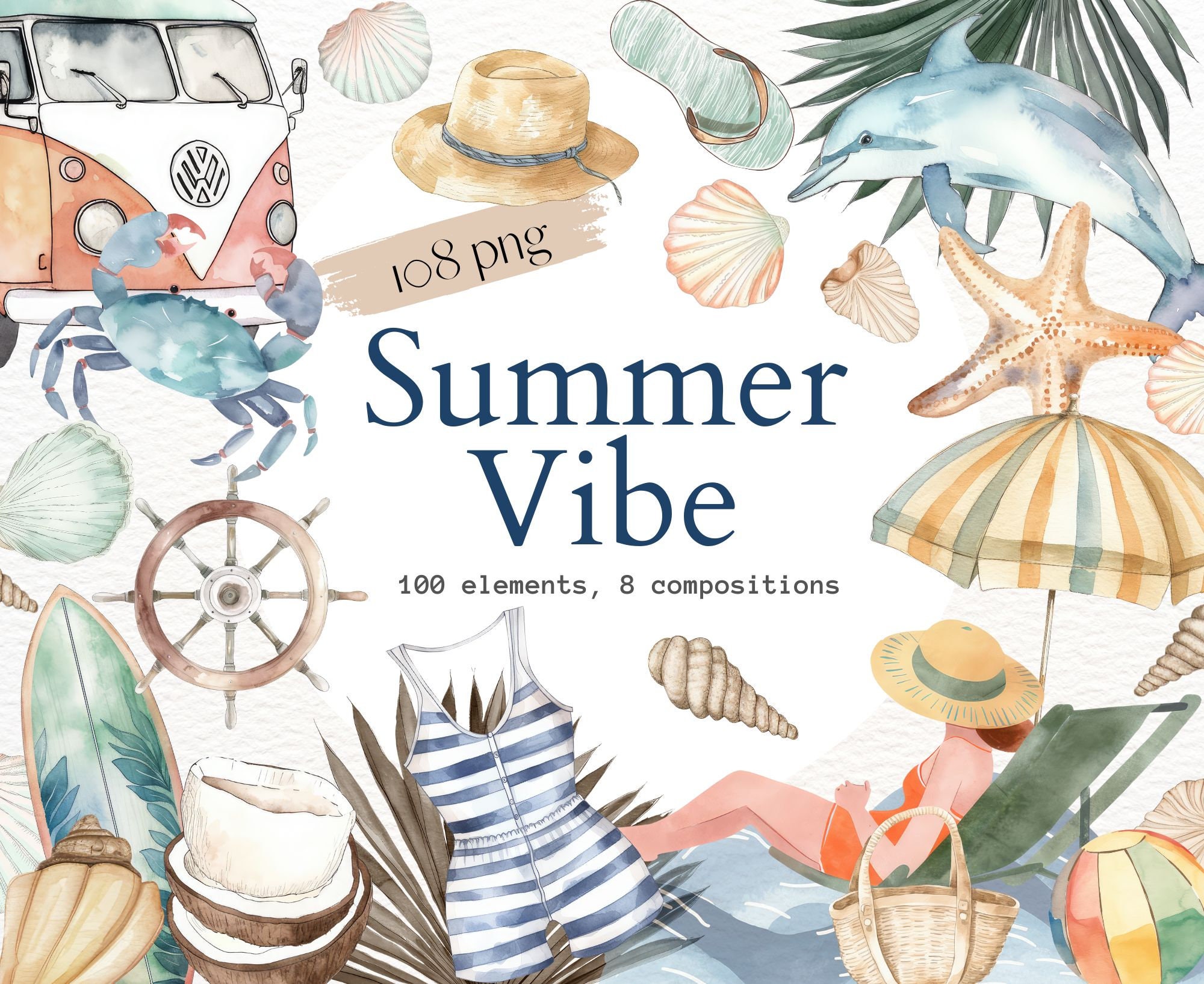 Summer Beach Watercolor Clipart With Transparent Background, 108 Pngs ...