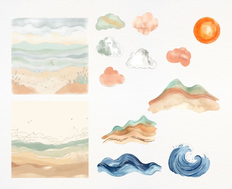 Summer Beach Watercolor Clipart With Transparent Background, 108 Pngs ...