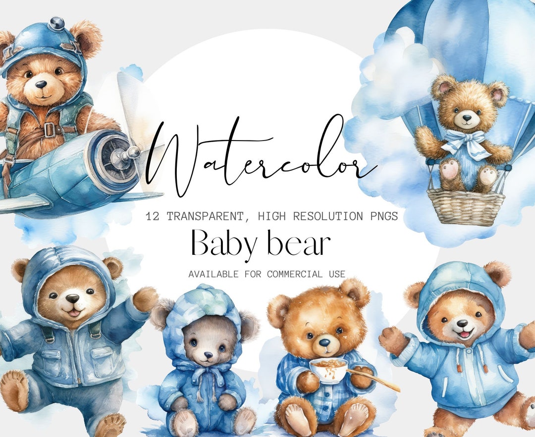 Baby Shower Watercolor Clipart With Blue Bears, Clipart for Commercial ...