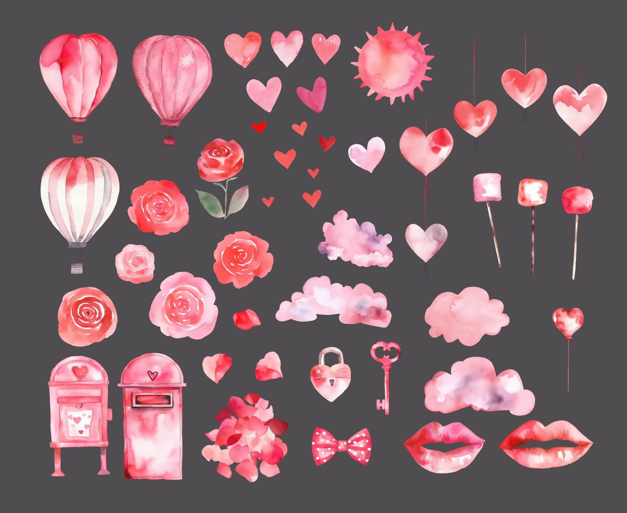 PINK Valentine Clipart Classic Valentine's Day Watercolor - Etsy