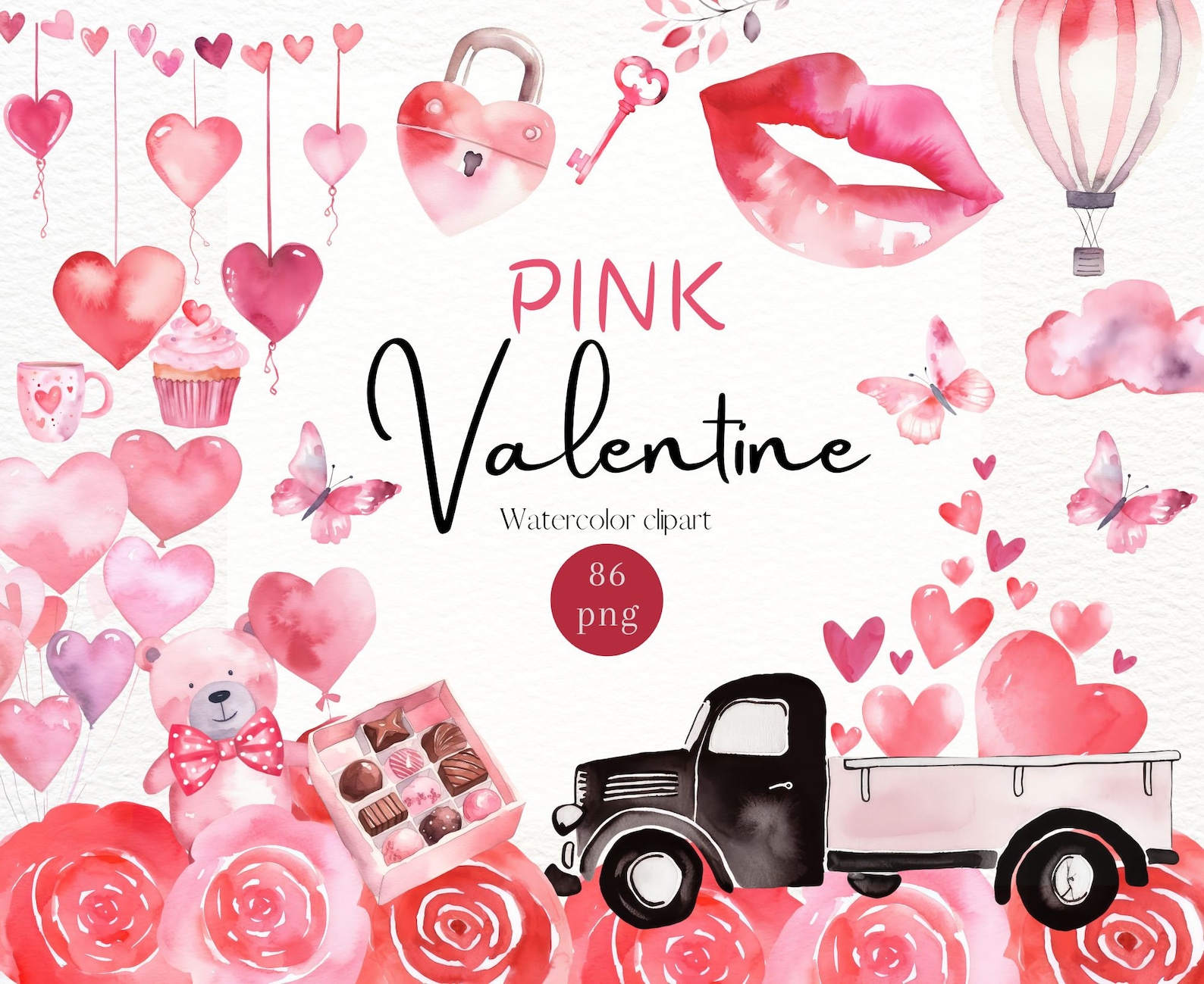 PINK Valentine Clipart, Classic Valentine's Day Watercolor Clipart With ...