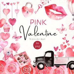 PINK Valentine Clipart, Classic Valentine's Day Watercolor Clipart With ...