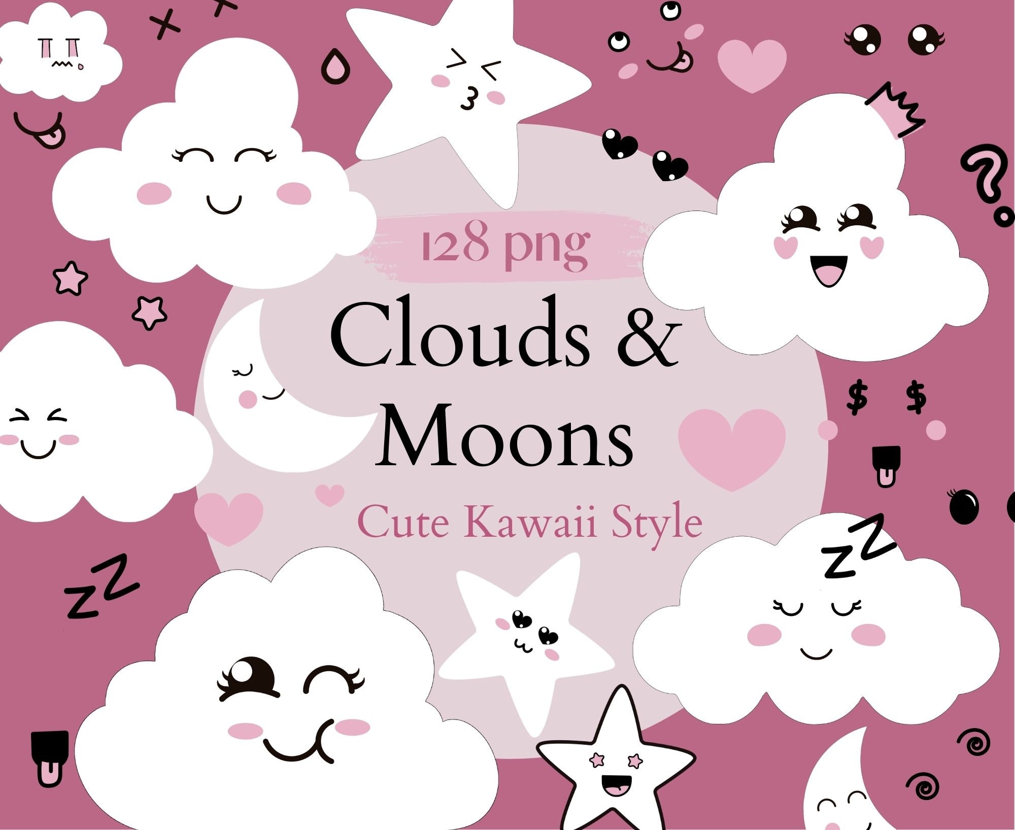 Cute Kawaii Theme Clouds Clipart With Transparent Background, 128 PNG ...