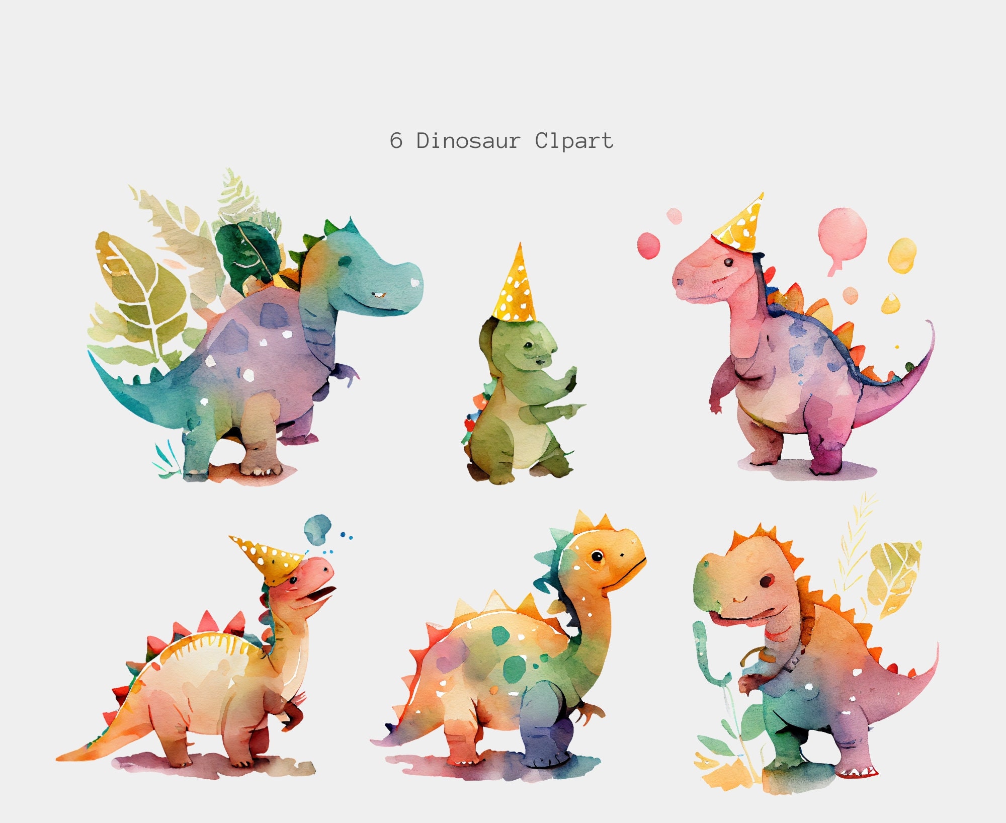 Colorful Dinosaur Party Watercolor PNG Clipart Bundle, 10 Dino Kids ...