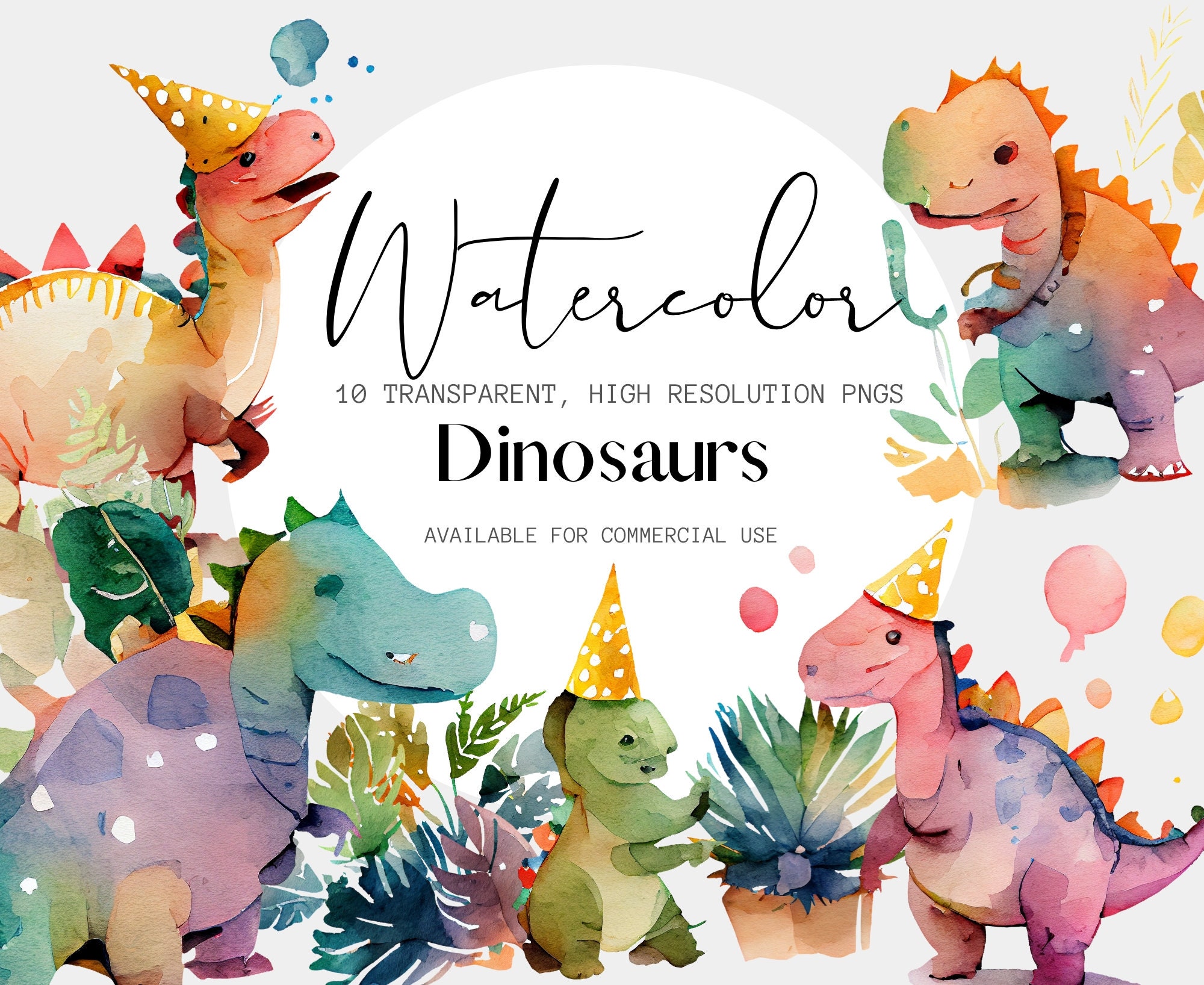 Colorful Dinosaur Party Watercolor PNG Clipart Bundle, 10 Dino Kids ...