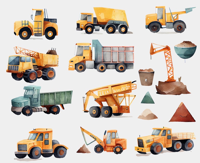 Yellow Construction Vehicles Watercolor Clipart With Transparent ...