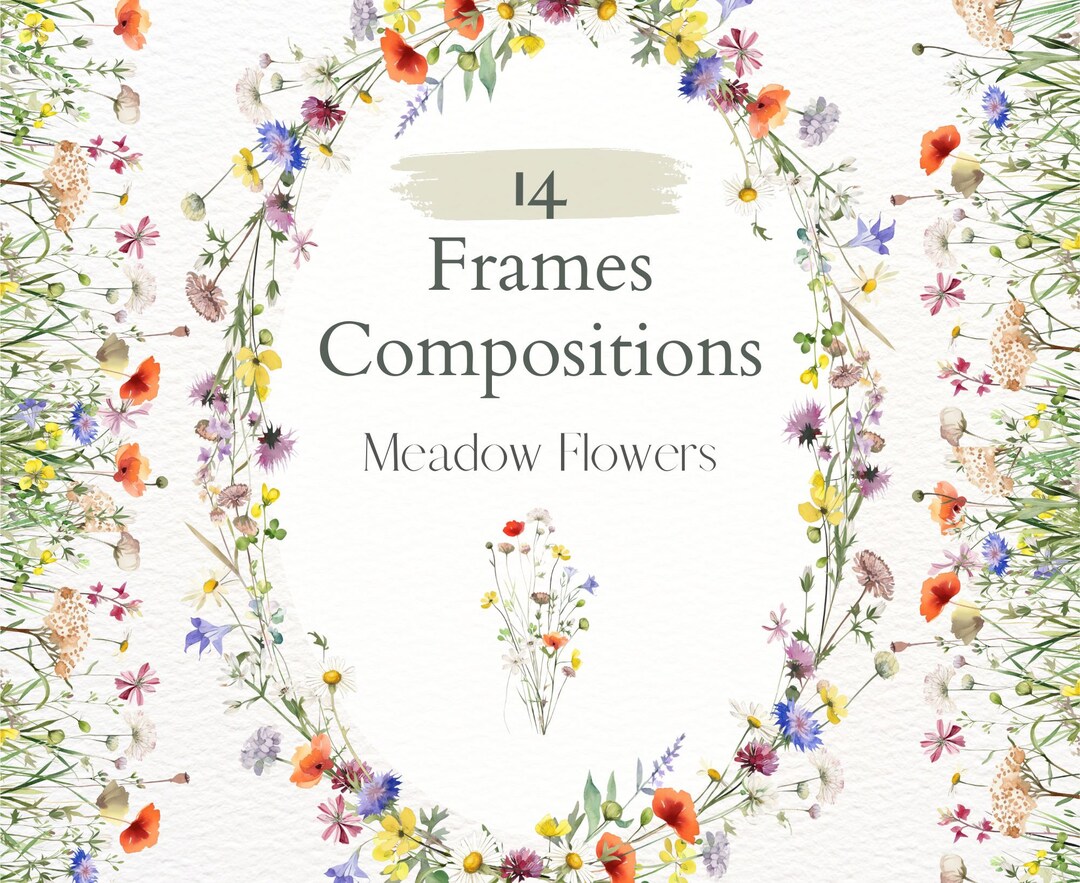 Meadow Flowers Frames and Compositions Watercolor Clipart With ...