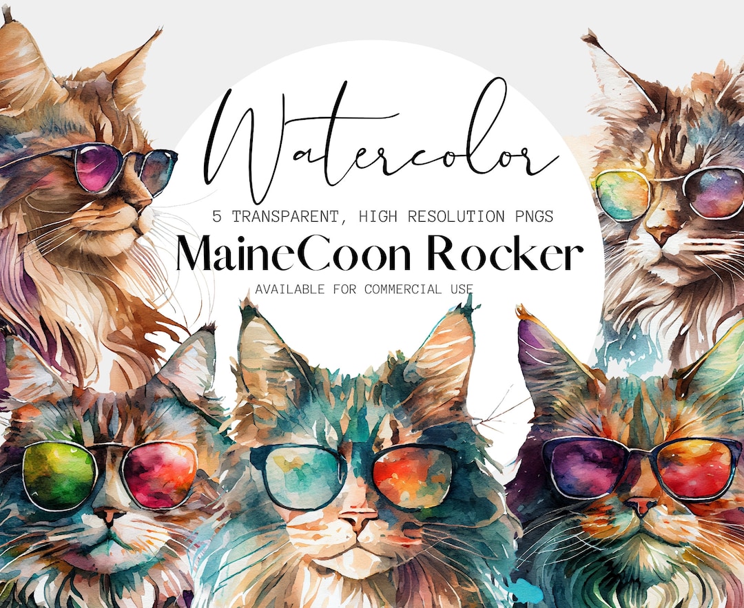 Cat Rocker Watercolor Clipart, Mainecoon Cat Biker Transparent Pngs ...