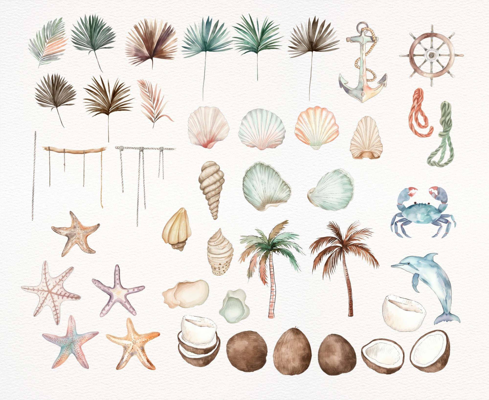 Summer Beach Watercolor Clipart With Transparent Background, 108 Pngs ...