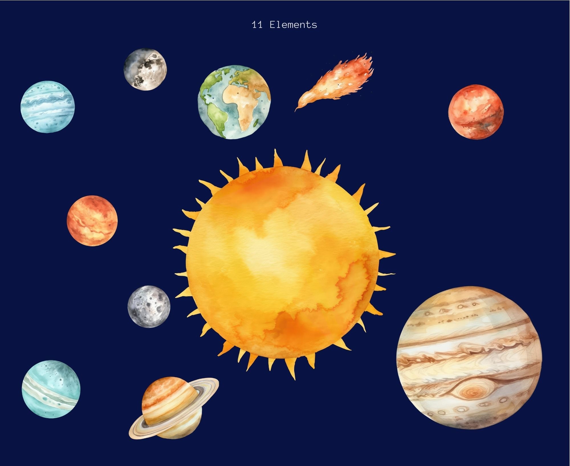 Watercolor Solar System Clipart: 11 PNG Images for Commercial Use ...