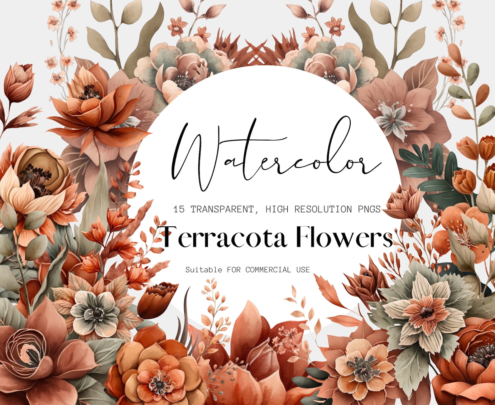 Terracota Flowers PNG, Watercolor Clipart, Instant Download, Digital ...
