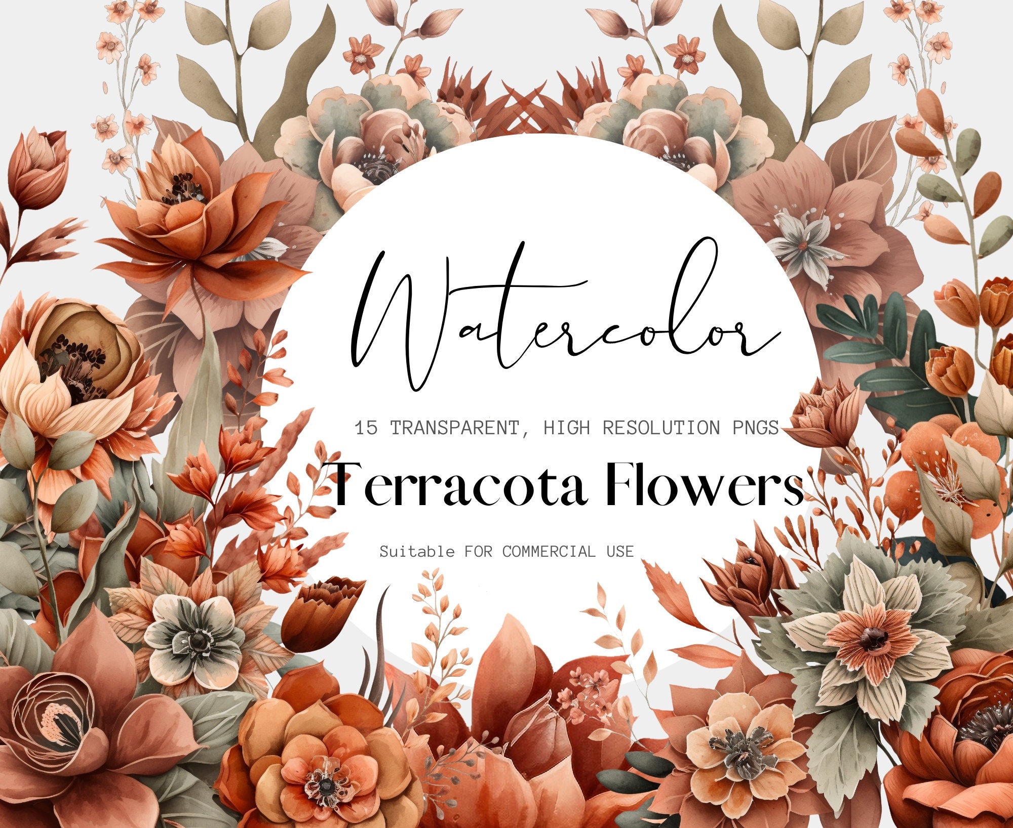Terracota Flowers PNG, Watercolor Clipart, Instant Download, Digital ...