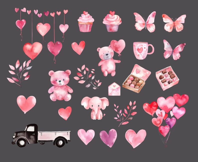 PINK Valentine Clipart Classic Valentine's Day Watercolor - Etsy