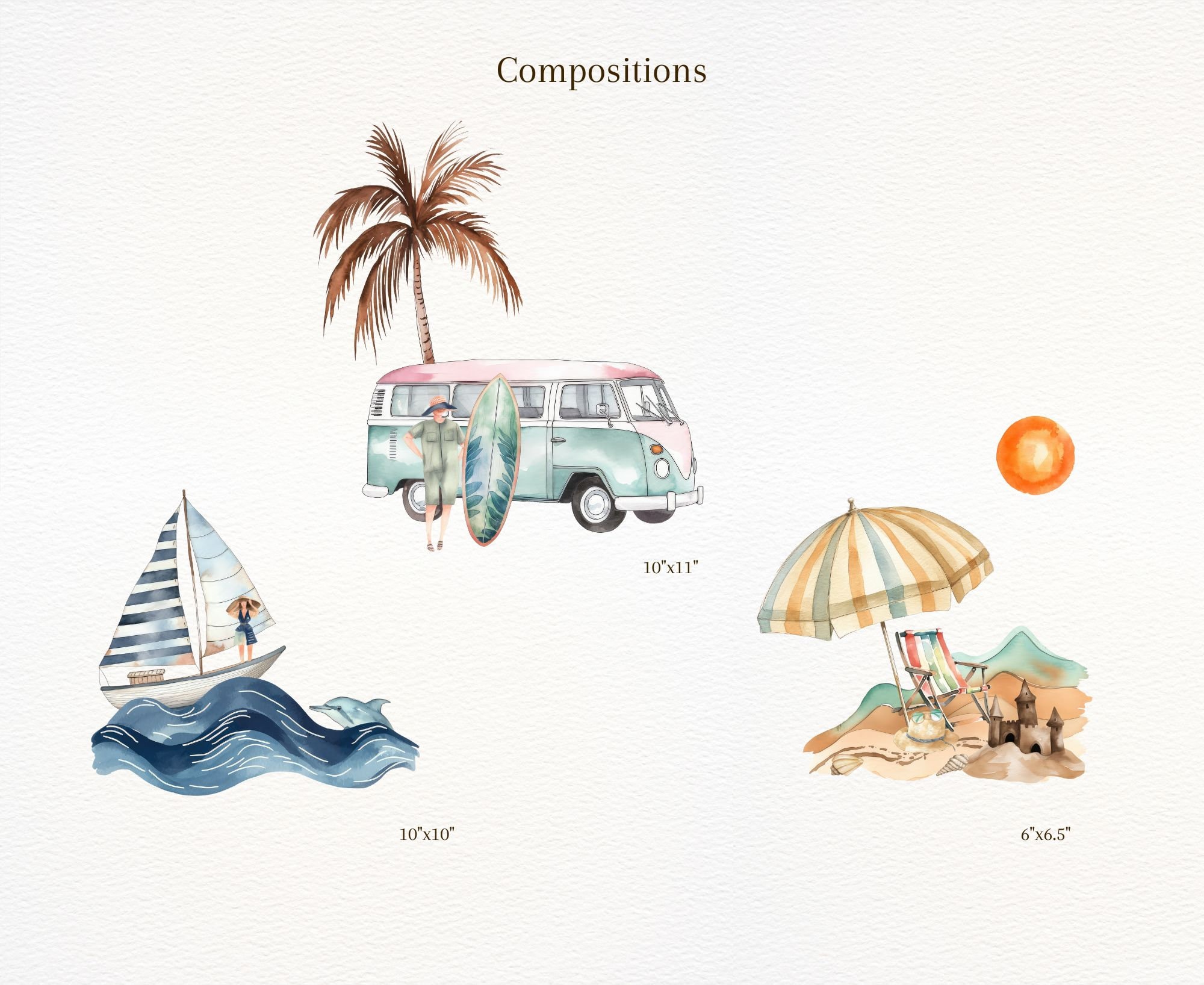 Summer Beach Watercolor Clipart With Transparent Background, 108 Pngs ...