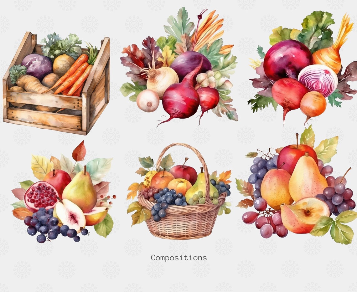 Watercolor Fall Fruits & Vegetables Clipart: 101 Pngs (digital Download ...