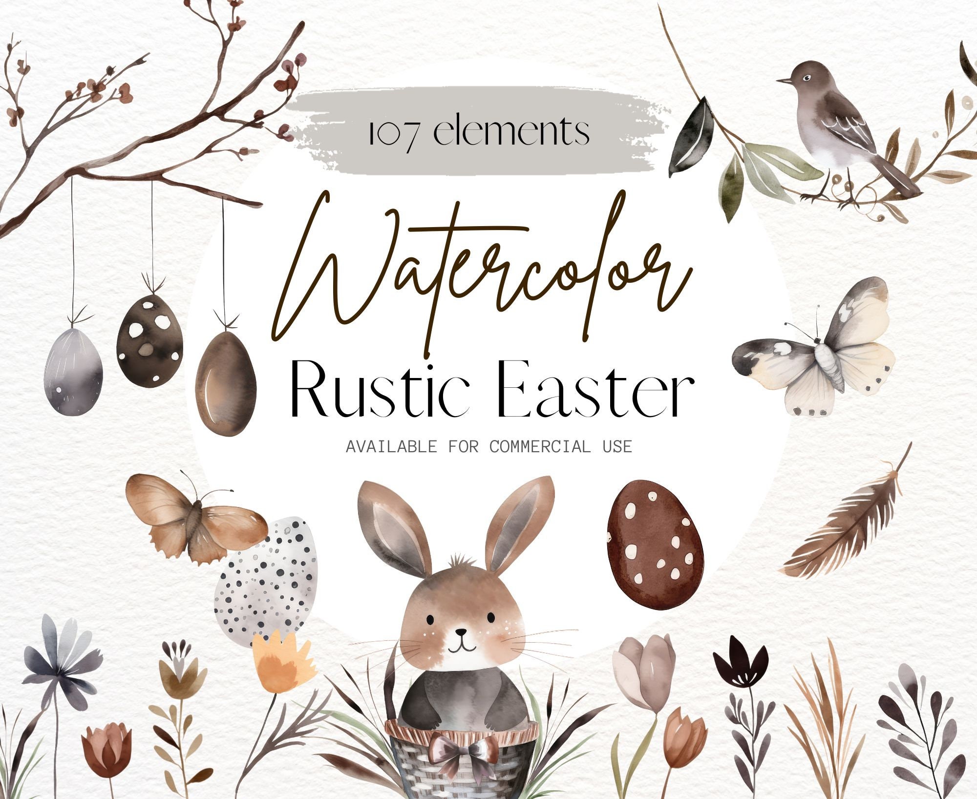 Rustic Easter Watercolor Clipart With Transparent Background, 107 Png ...