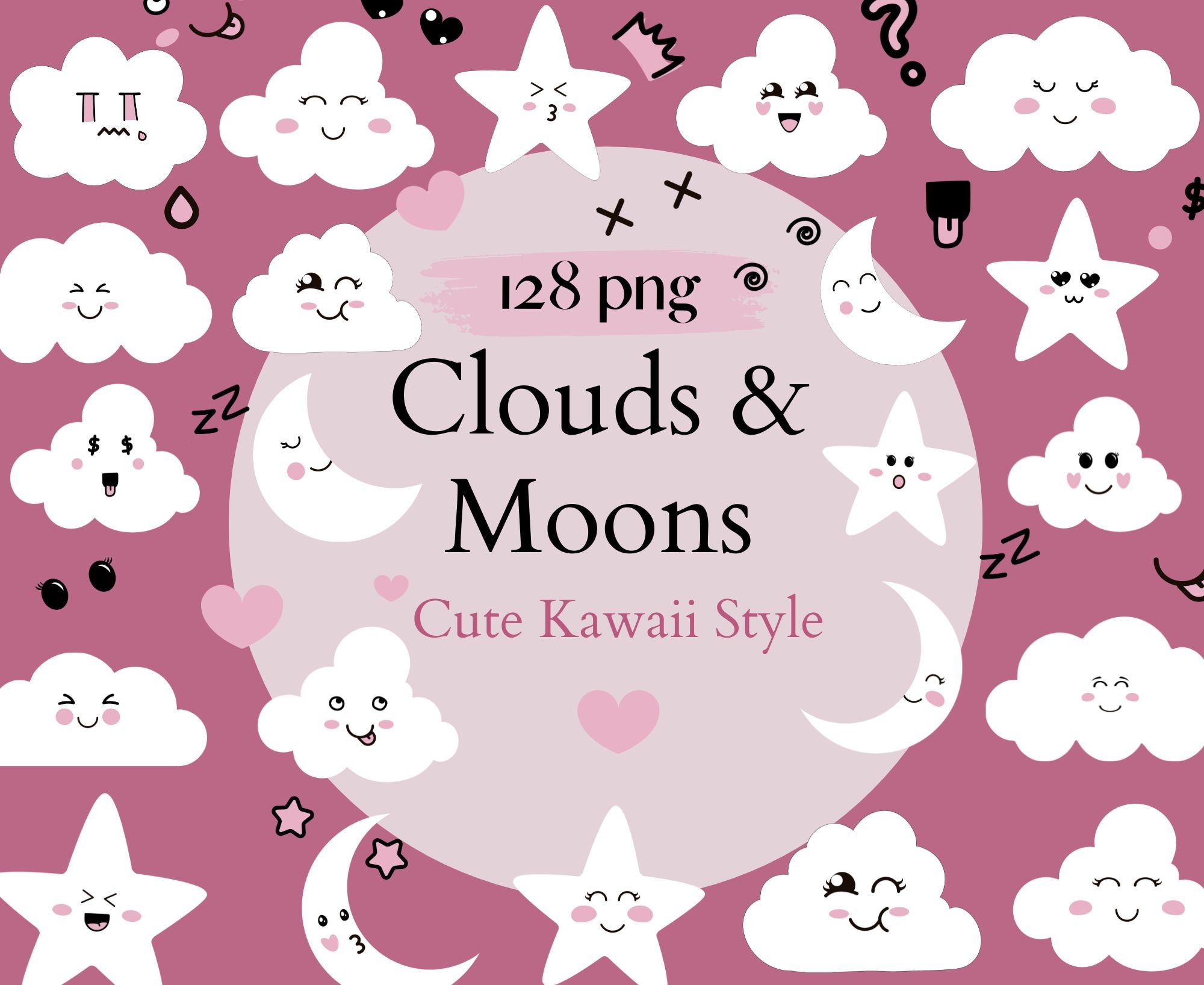 Cute Kawaii Theme Clouds Clipart With Transparent Background, 128 PNG ...