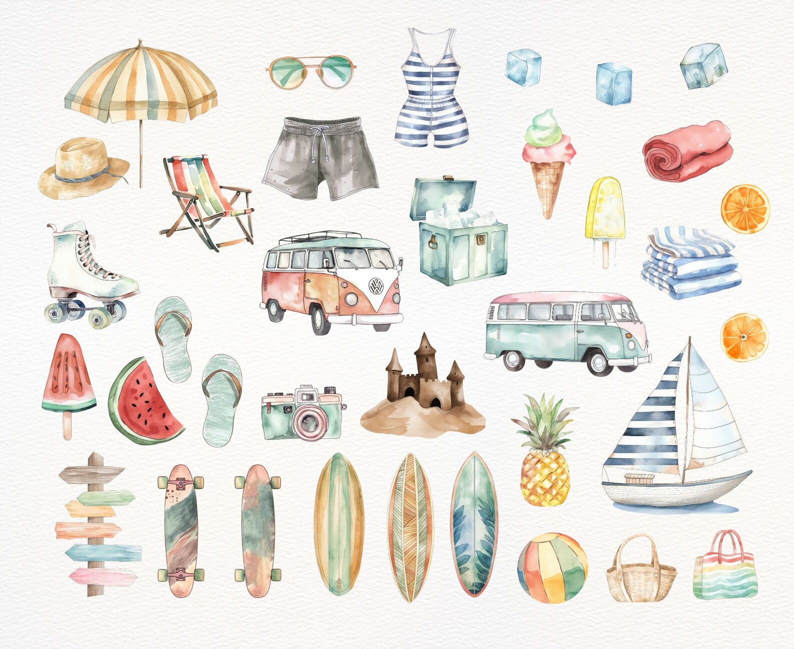 Summer Beach Watercolor Clipart With Transparent Background, 108 Pngs ...
