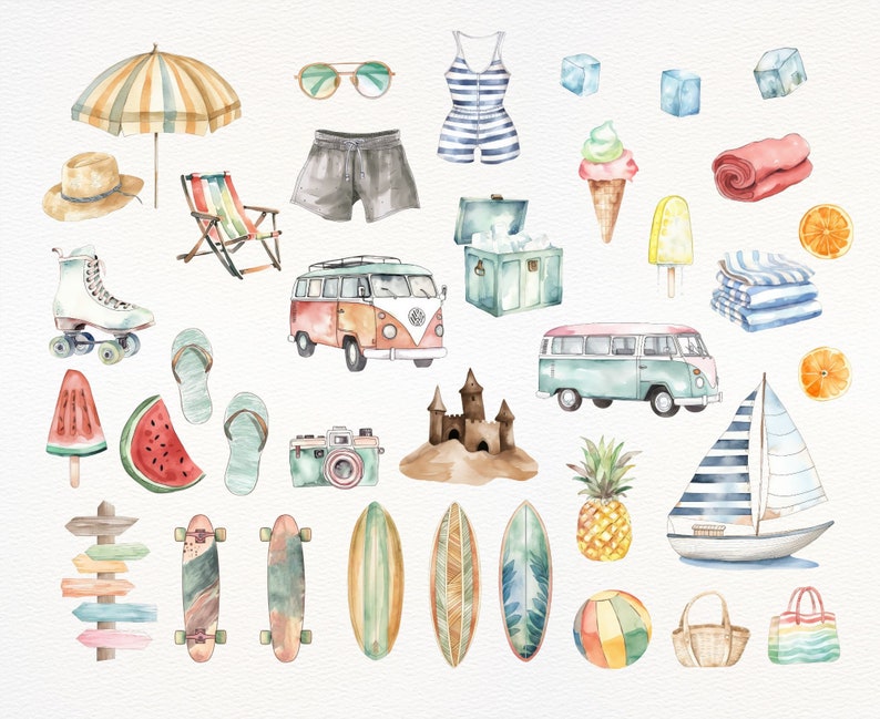 Summer Beach Watercolor Clipart With Transparent Background, 108 Pngs ...