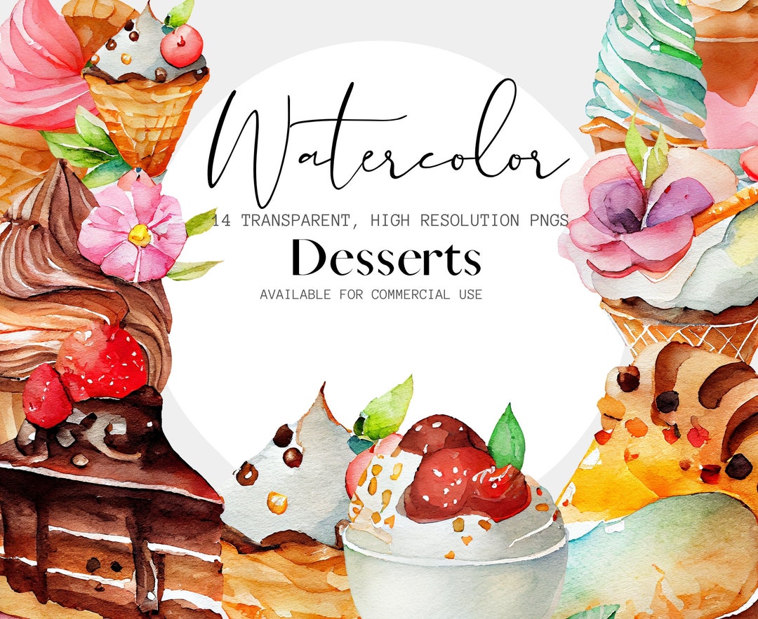 Desserts Watercolor Clipart, Cake and Ice Cream Transparent Pngs ...