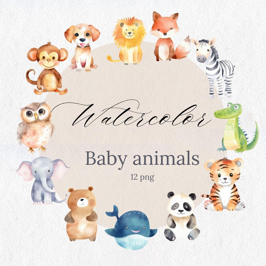 Cute Baby Animals Nursery Watercolor Clipart, Transparent Background ...