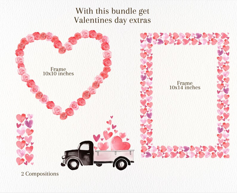 PINK Valentine Clipart, Classic Valentine's Day Watercolor Clipart With ...