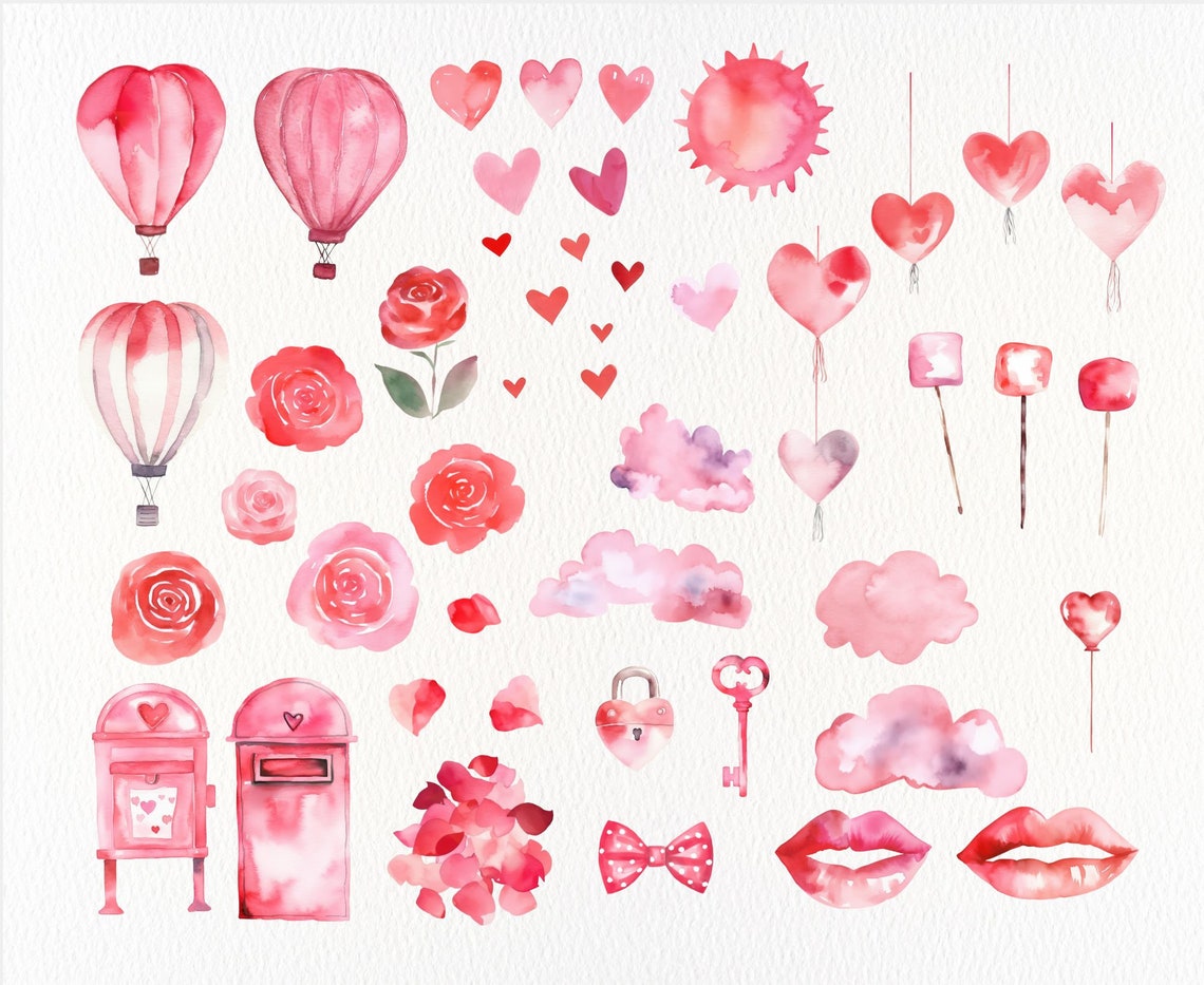 PINK Valentine Clipart Classic Valentine's Day Watercolor - Etsy