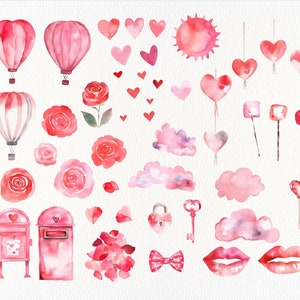 PINK Valentine Clipart, Classic Valentine's Day Watercolor Clipart With ...
