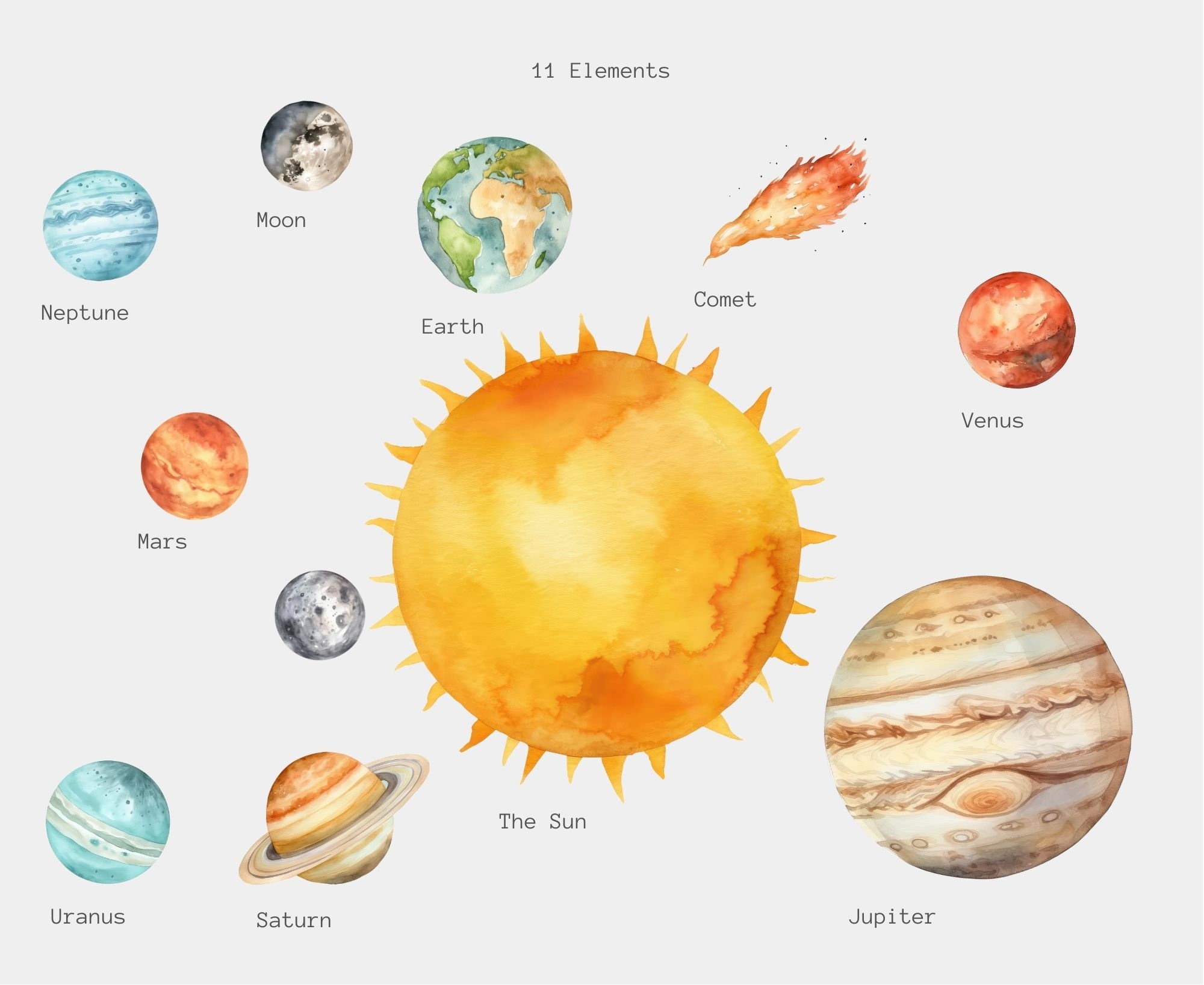 Watercolor Solar System Clipart: 11 PNG Images for Commercial Use ...