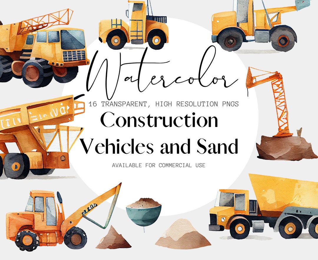 Yellow Construction Vehicles Watercolor Clipart With Transparent ...