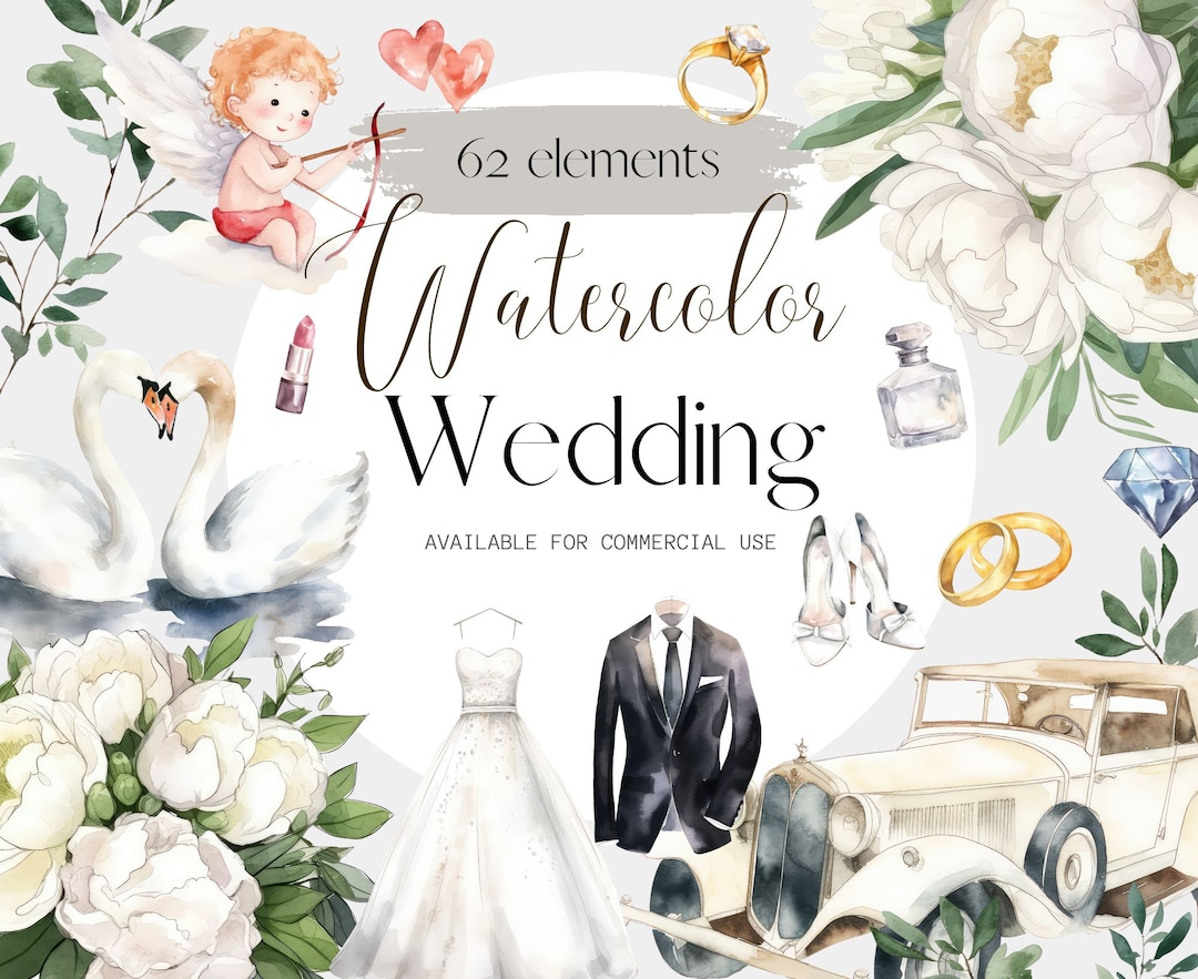 Classic Wedding Watercolor Clipart for Wedding Signs With Transparent ...