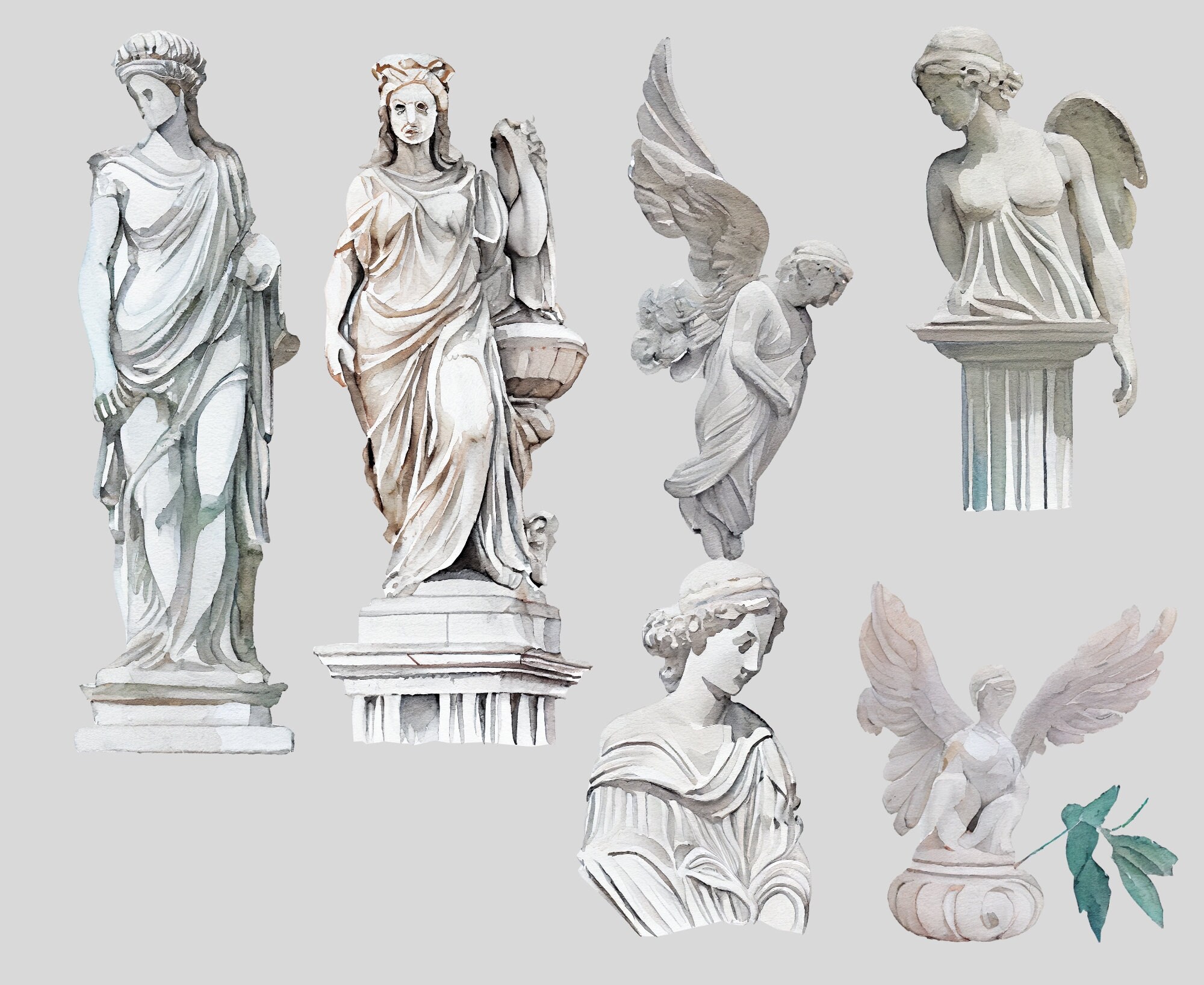 Greek Women Sculptures Watercolor Clipart With Transparent Background ...
