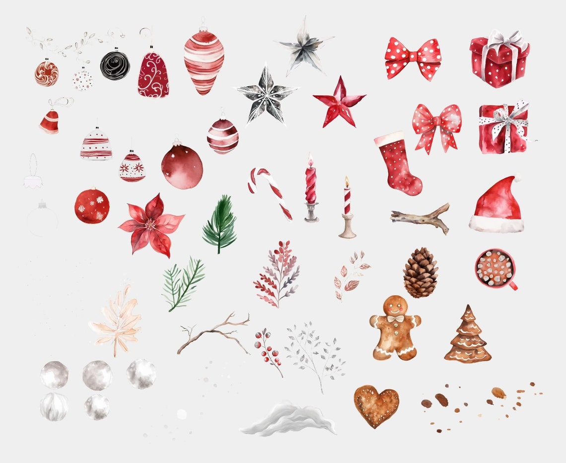 Watercolor Christmas Clipart: Holiday Elements, Frames (digital ...