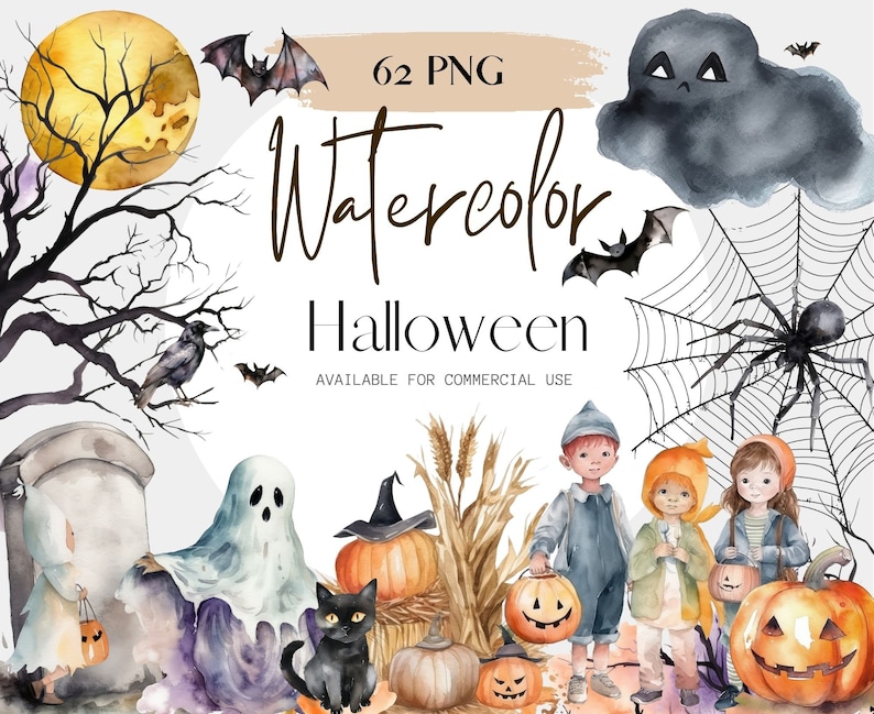 Ultimate Halloween Watercolor Clipart Bundle, 62 Transparent Pngs ...