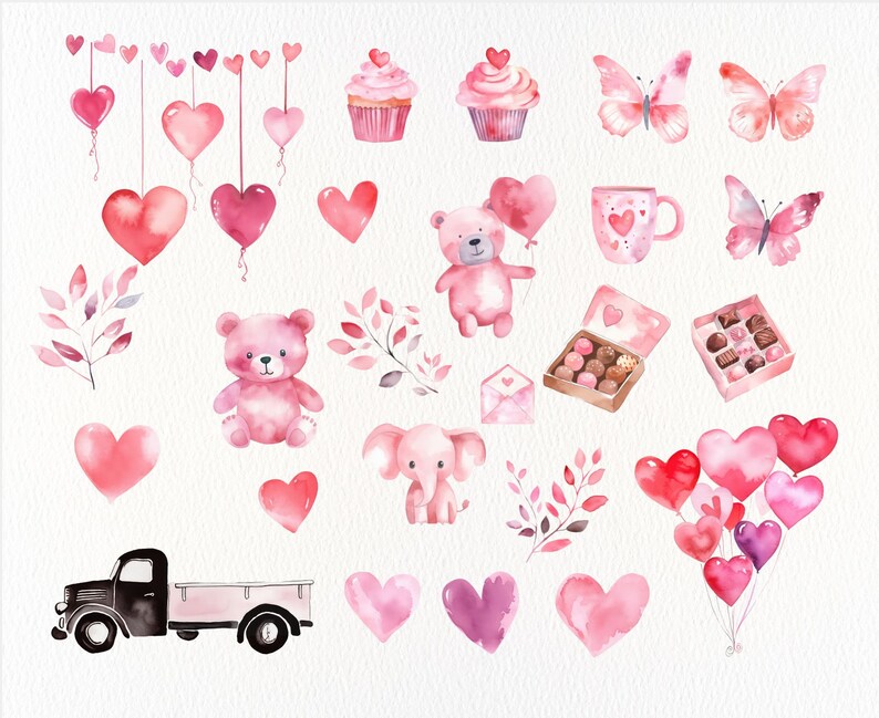 PINK Valentine Clipart, Classic Valentine's Day Watercolor Clipart With ...