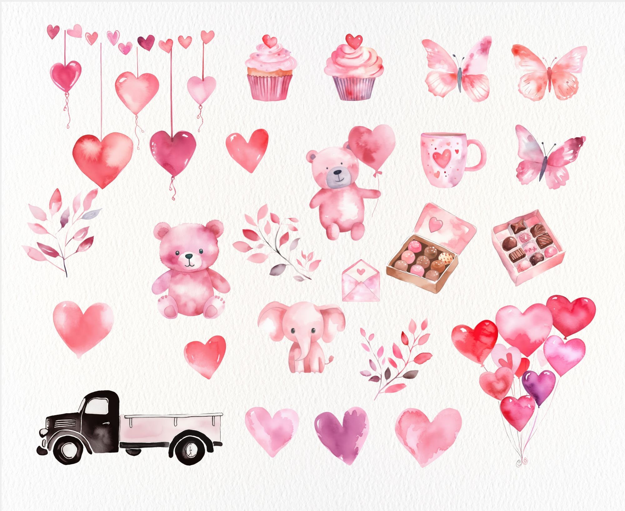 PINK Valentine Clipart, Classic Valentine's Day Watercolor Clipart With ...