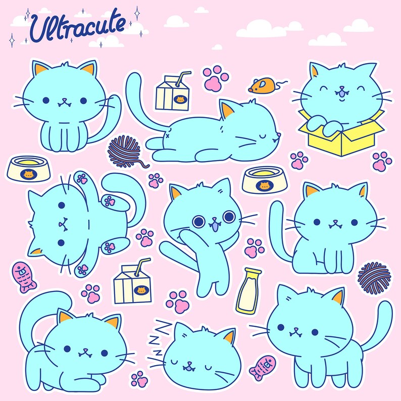 Cat Cute Digital Clipart, Blue / Commercial Use OK / Kitten Graphics ...
