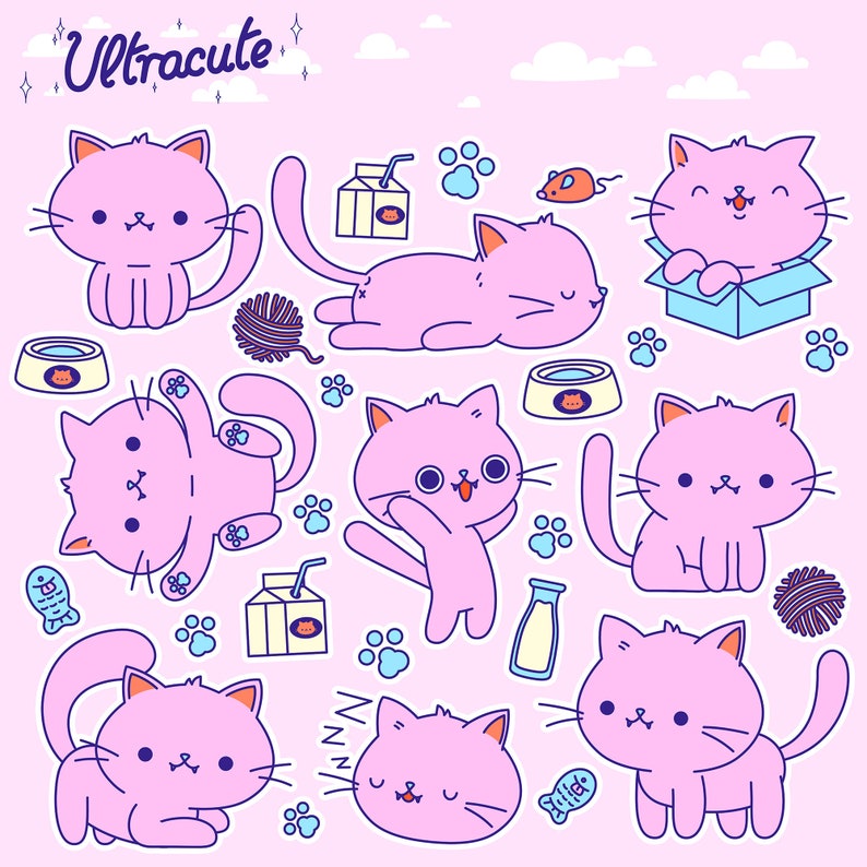 Cat Cute Digital Clipart, Pink / Commercial Use OK / Kitten Graphics ...