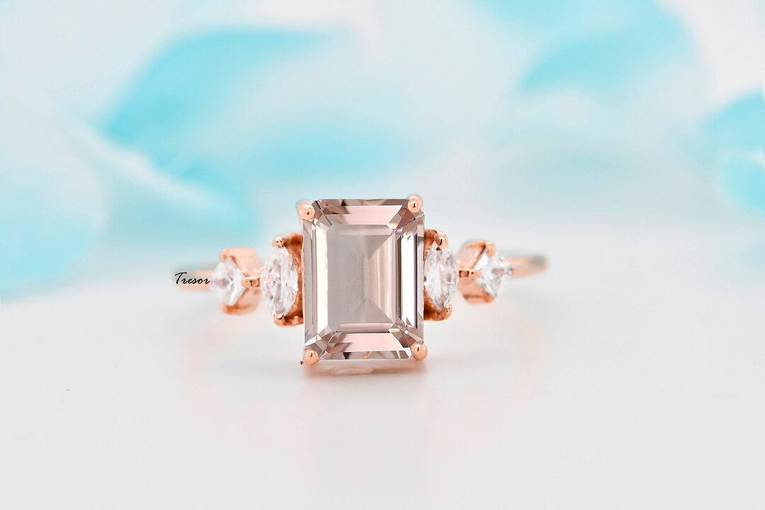 Emerald Cut Morganite Engagement Ring, Handmade 14k Solid Rose Gold ...