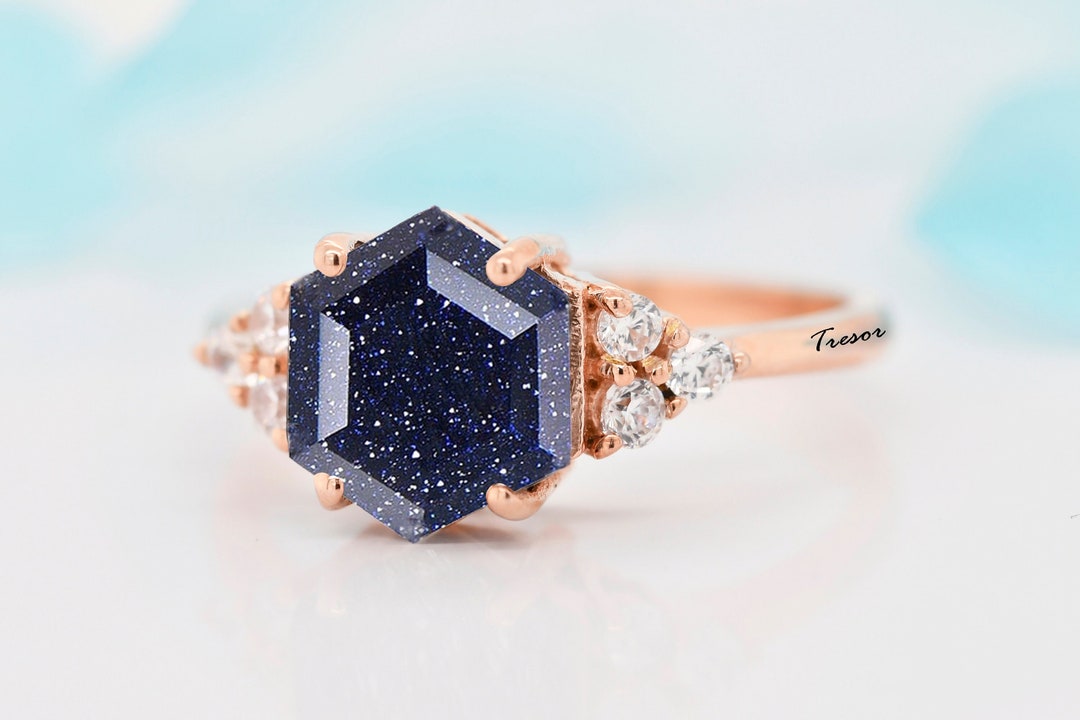Amazing Blue Sandstone Engagement Ring, 14K Solid Gold Hexagon Cut ...