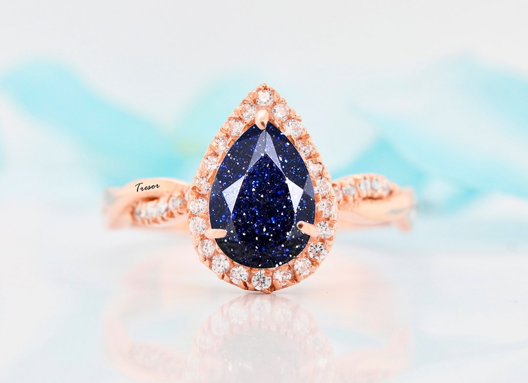 Handmade Blue Sandstone Engagement Ring, 14K Solid Gold Pear Cut ...