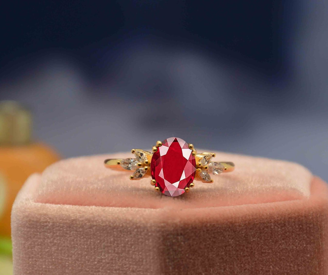 Vintage Solid Gold Ruby Engagement Ring, Minimal Ruby Bridal Wedding Promise Ring for Women ...