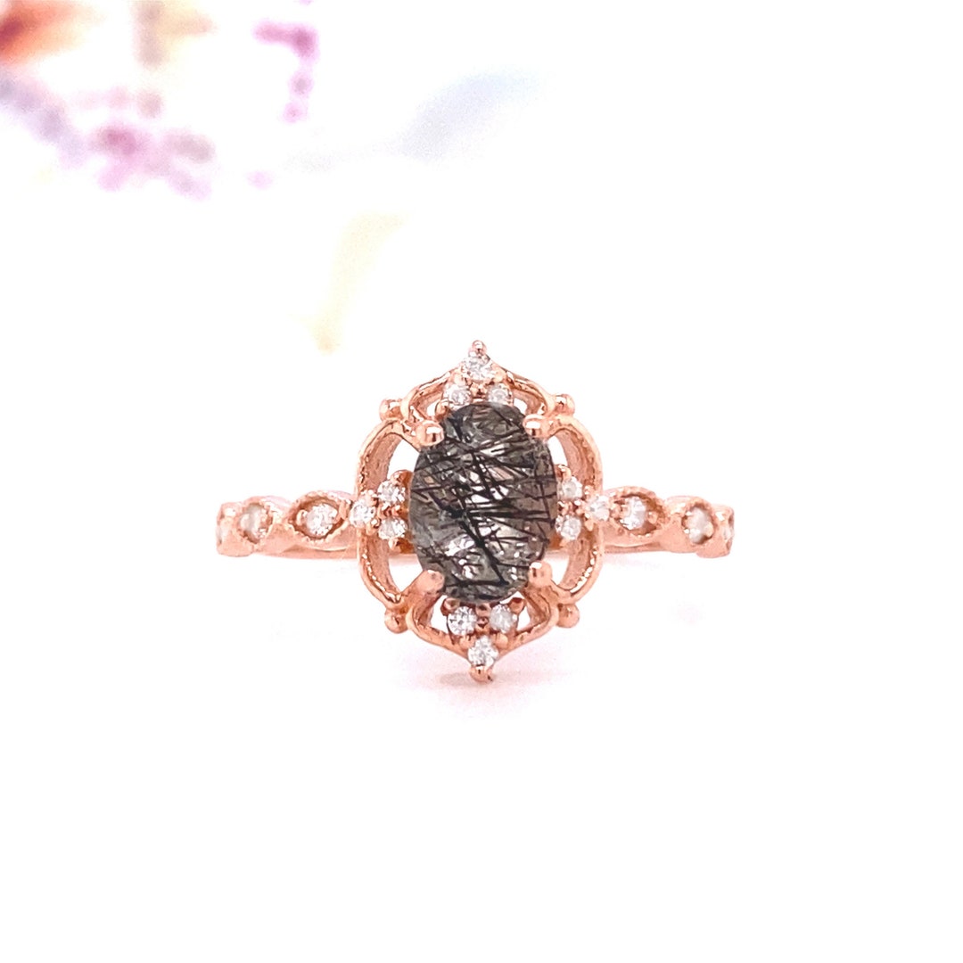 Black Rutilated Quartz Engagement Ring, Unique Tourmalinated Quartz ...