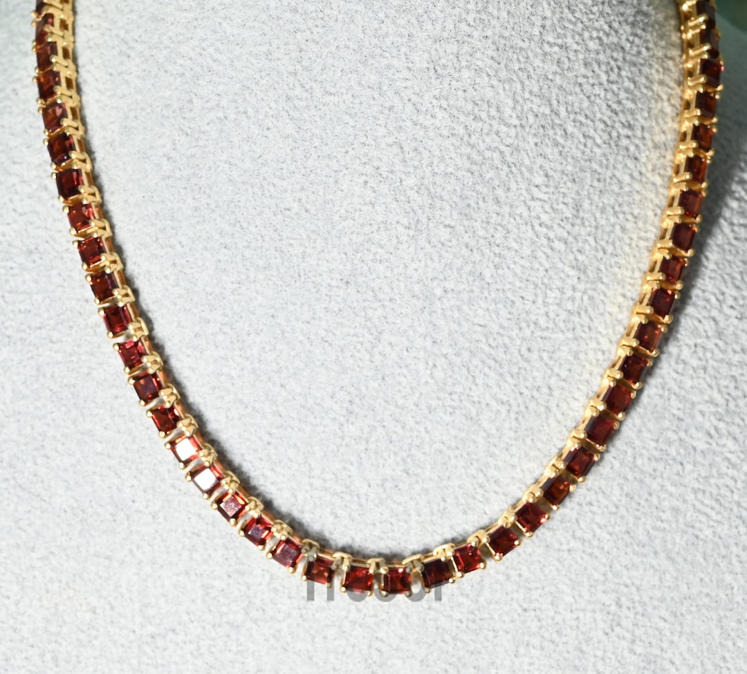 4 MM Square Cut Garnet Tennis Necklace, Unique Garnet Chain Link ...