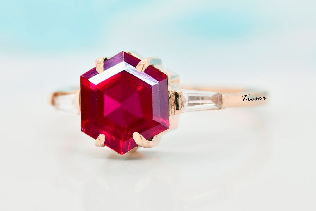 Hexagon Cut Ruby Engagement Ring, 14K Solid Gold Ruby Bridal Wedding ...