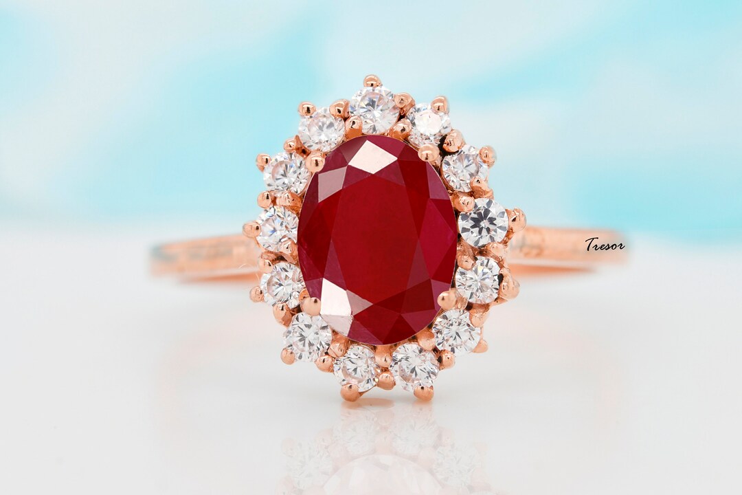 14K Solid Gold Ruby Engagement Ring, Minimal Ruby Bridal Wedding Statement Ring Jewelry Set ...