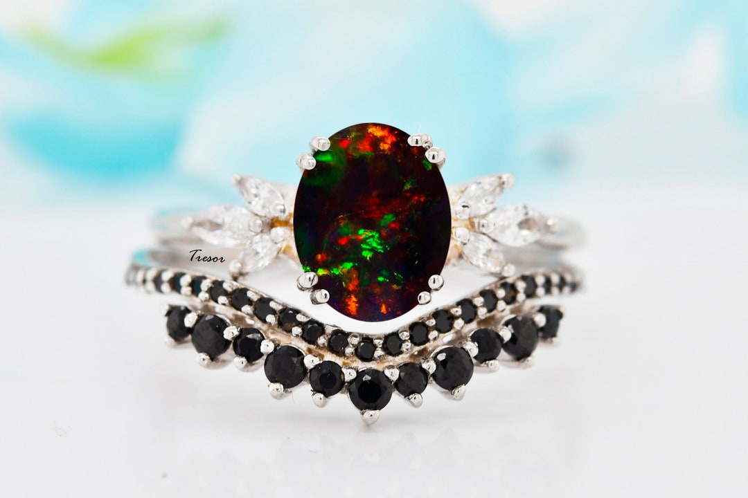 Black Opal Engagement Ring Set, Natural Black Opal Statement Ring Set, Minimal Solid Gold Black ...