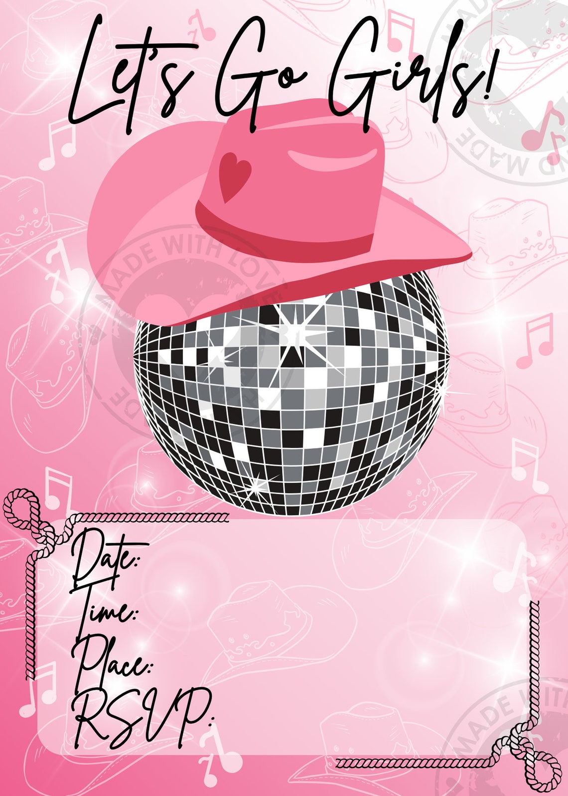 Pink Disco Cowgirl Invitation | Editable Glitter Party Invite for Women ...